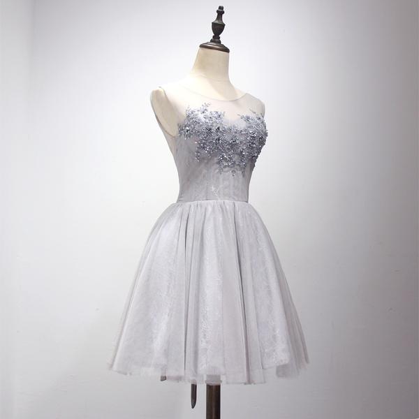Light Grey Short Applique And Lace Homecoming Dress, Short Prom Dress ...