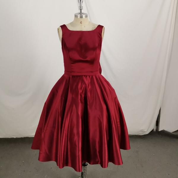 Dark Red Satin Backless Vintage Style Party Dress With Bow, High ...