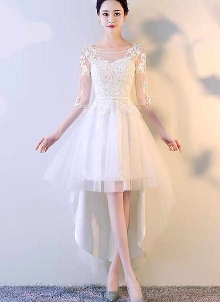 Beautiful White High Low Graduation Dress, Short Sleeves Lace Party ...