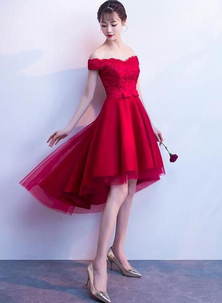 Lovely Red Off Shoulder Tulle High Low Party Dress, Red Homecoming ...