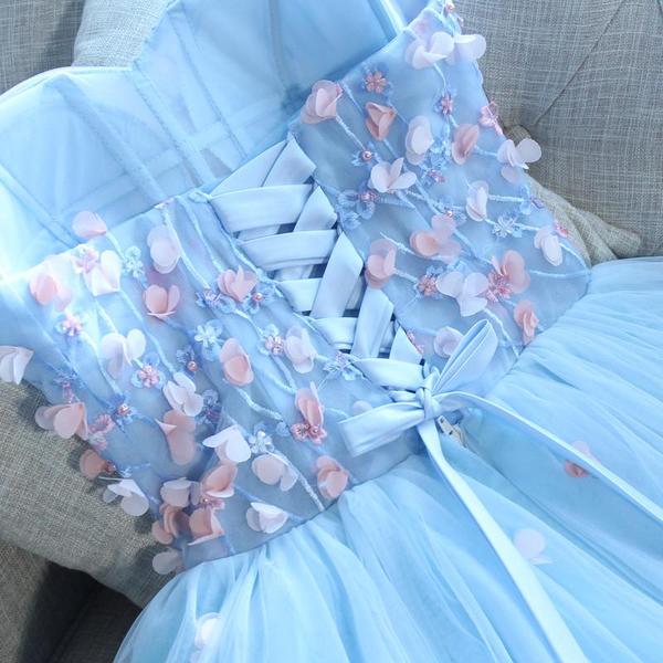Light Blue Sweetheart Short Handmade Party Dress, Blue Flowers ...
