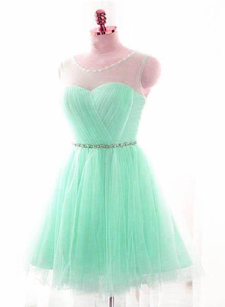 Mint Green Tulle Round Beaded Tulle Party Dress, Short Prom Dress ...
