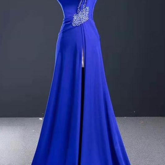 Blue Slim-fit Banquet Long Evening Dress Backless Lace-up Floor-length ...