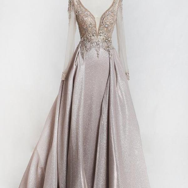 2021 Prom Dress Long Sleeve Sexy V Neck Reflective Dress Beading Sequin ...