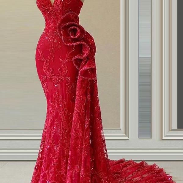 Turkish Couture Red Lace Prom Dresses Mermaid Sleeveless Sexy Evening ...