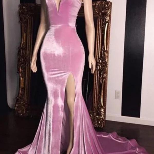Strapless Pink Velvet Sleeveless Sweep Strain Split Side Prom Dress ...