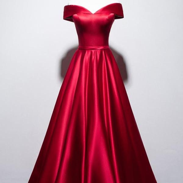 Red Satin Off Shoulder Simple Long Prom Dress With Sleeve on Luulla