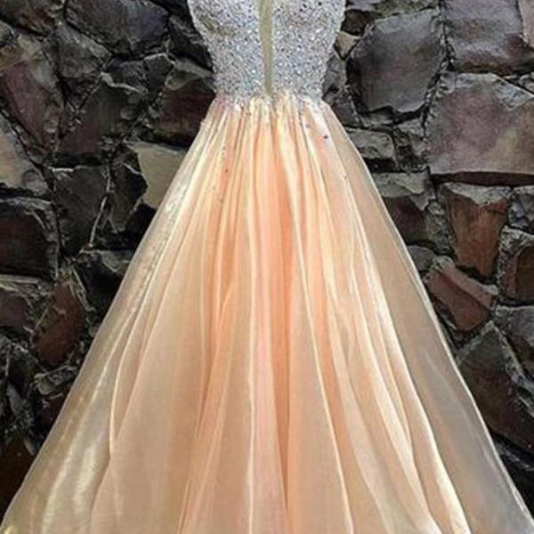 Light Orange Organza Beaded Custom Size Long Halter Prom Dress, Evening ...