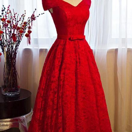 Red Lace Vintage Off Shoulder Tea Length Party Dress, Red Formal Dress ...