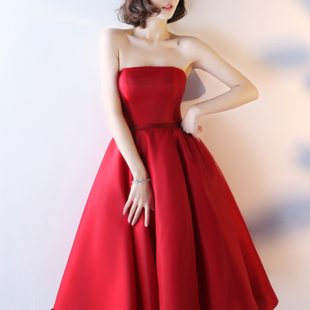 Red Satin Vintage Style Tea Length Evening Gown, Wedding Party Dress on ...