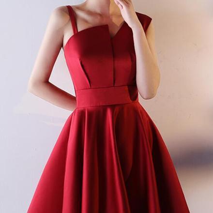Beautiful Dark Red Satin One Shoulder Mini Party Dress, Wine Red ...