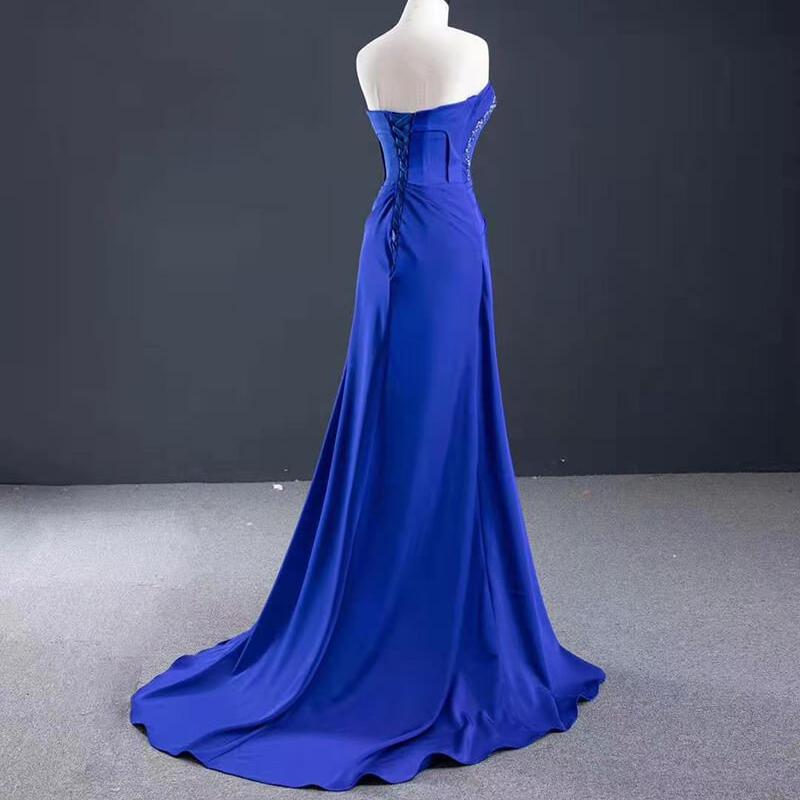 Blue Slim-fit Banquet Long Evening Dress Backless Lace-up Floor-length ...