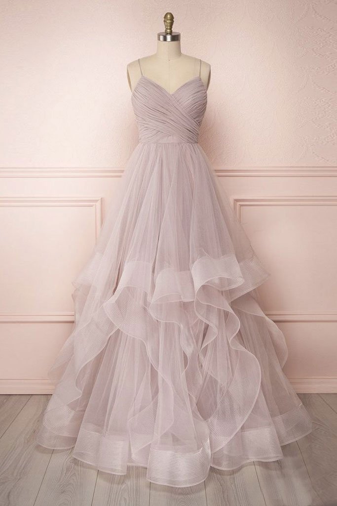 Simple Long Tulle Dress V Neck Layered Prom Dress Graduation Dress on ...
