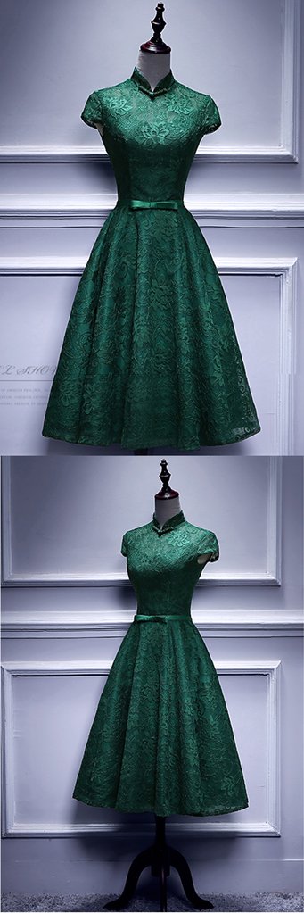Deep Green Lace Cap Sleeve Mid Length High Collar Prom Dress, Party ...