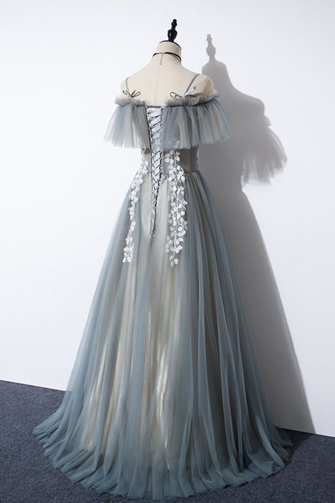 Design Blue Gray Tulle Off Shoulder Long Lace Up Prom Dress, Formal ...