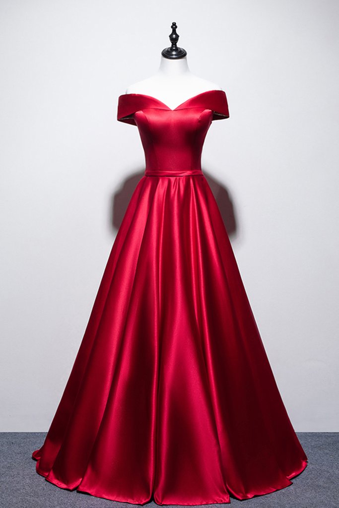 Red Satin Off Shoulder Simple Long Prom Dress With Sleeve on Luulla