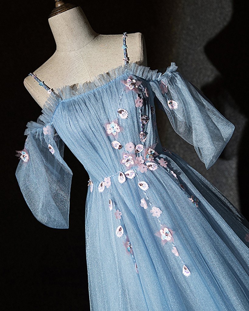 Light Blue Tulle Crystal Off Shoulder Long Prom Dress With Applique on ...