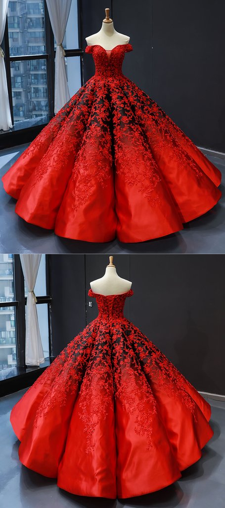 Regal Red Satin Ball Gown With Black Lace Appliqués on Luulla