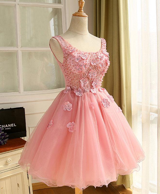 Cute A Line Pink Tulle Pearl Short Prom Dress Homecoming Dress On Luulla