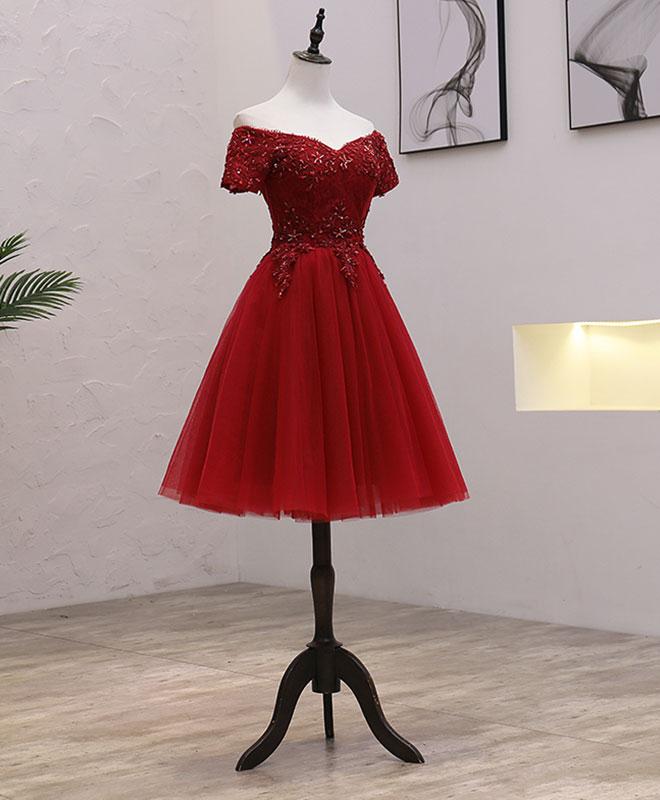 Burgundy Off Shoulder Lace Tulle Short Prom Dress Burgundy Formal Dress ...