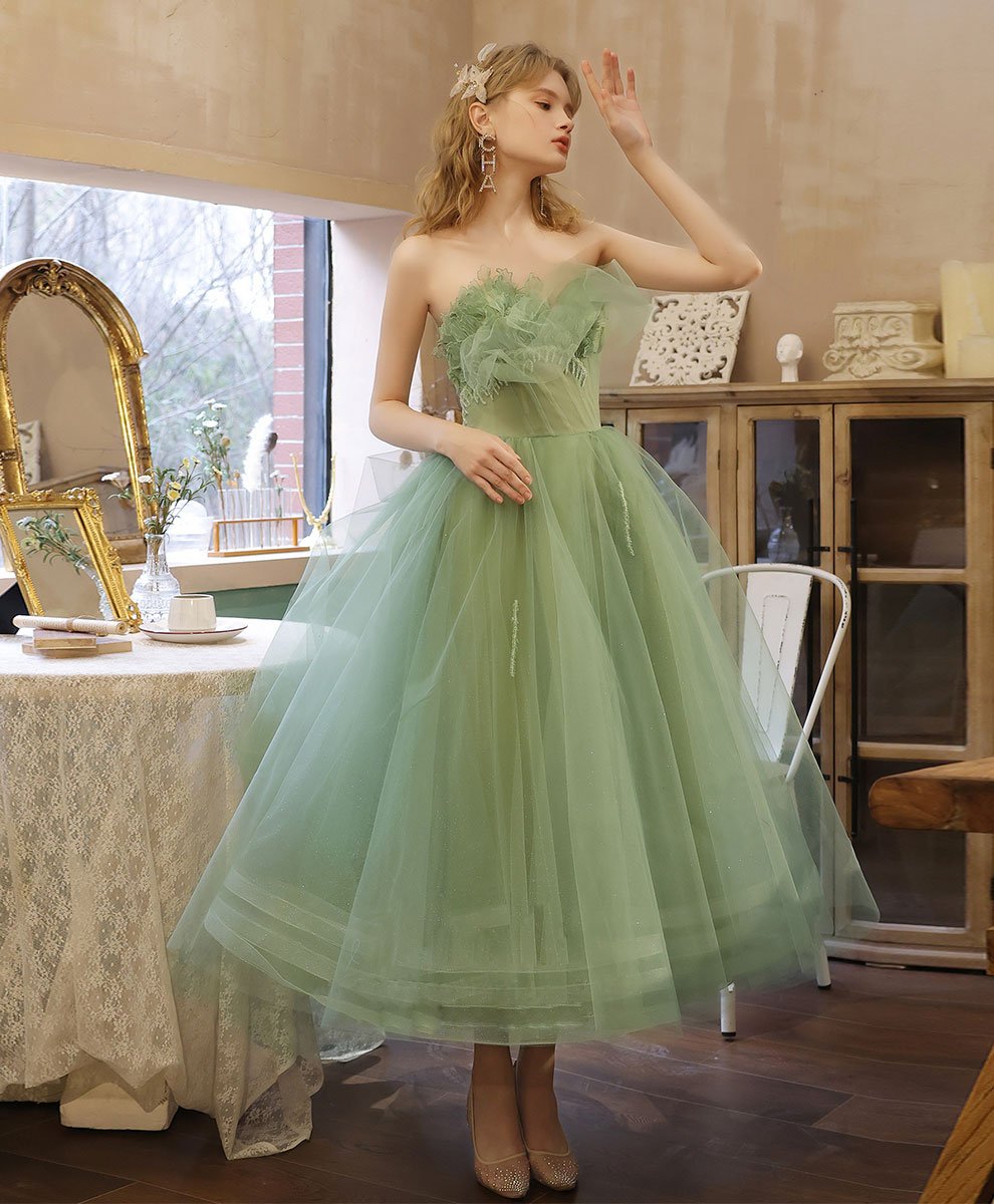 Green Tulle Lace Tea Length Prom Dress Green Tulle Formal Dress on Luulla