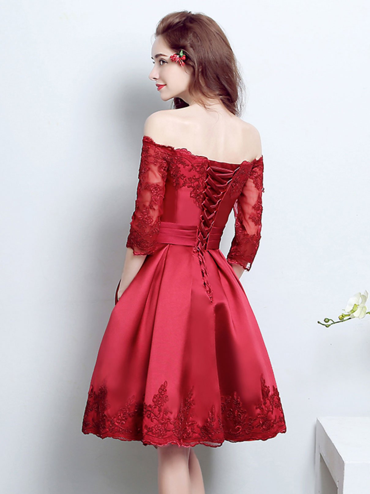 Burgundy Lace Satin Short Prom Dress,burgundy Bridesmaid Dress on Luulla