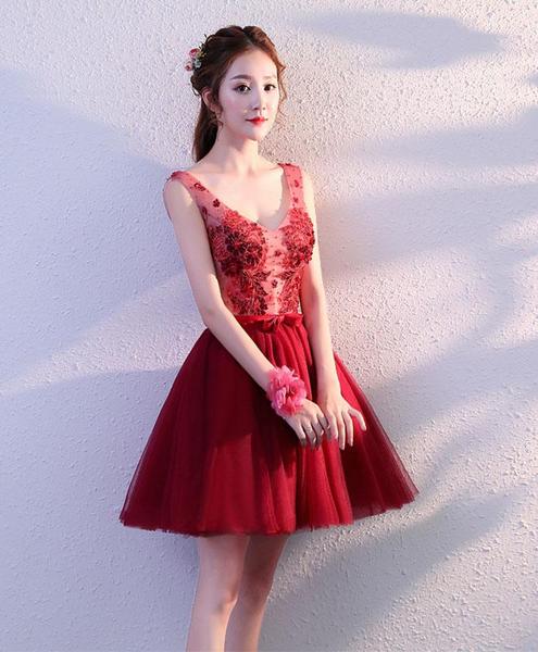 Wine Red Tulle Short Party Dress, V-neckline Formal Dress, Party Dress ...