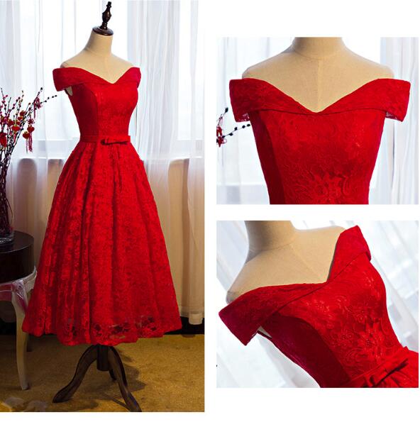 Red Lace Vintage Off Shoulder Tea Length Party Dress, Red Formal Dress ...
