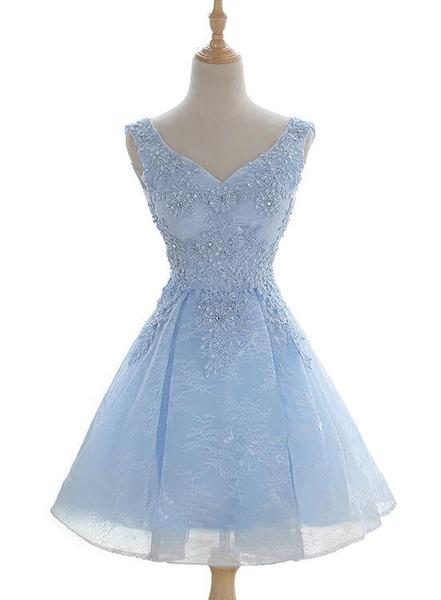 Light Blue Cute V-neckline Lace Short Party Dress, Lace Formal Dress ...
