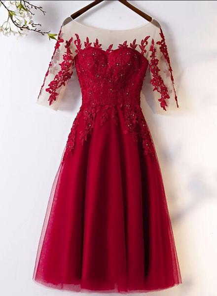 Wine Red Off Shoulder Short Sleeves Party Dress, Dark Red Party Dress ...