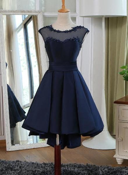 Beautiful Navy Blue Satin High Low Formal Dress, Dark Blue Homecoming ...