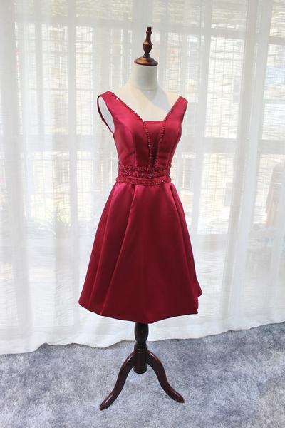 Beautiful Dark Red Satin V-neckline Party Dress, Charming Short ...