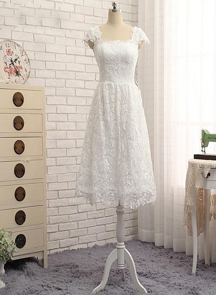 Beautiful White Lace Cap Sleeves Tea Length Party Dress, White Formal ...