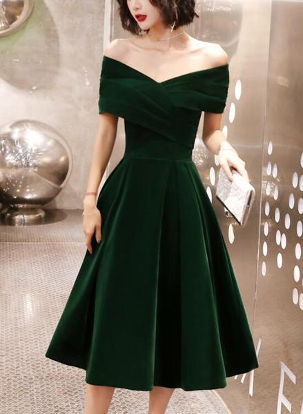 Green Tea Length Velvet Off Shoulder Party Dress, Green Bridesmaid ...
