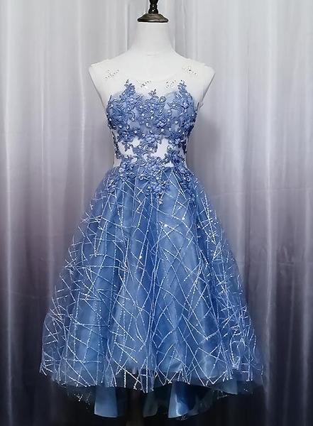 Blue Lace Round Neckline High Low Party Dress Blue Short Homecoming