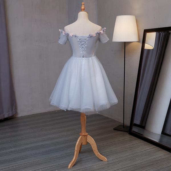Light Grey Tulle Short Prom Dress With Flowers, Grey Homecoming Dress ...